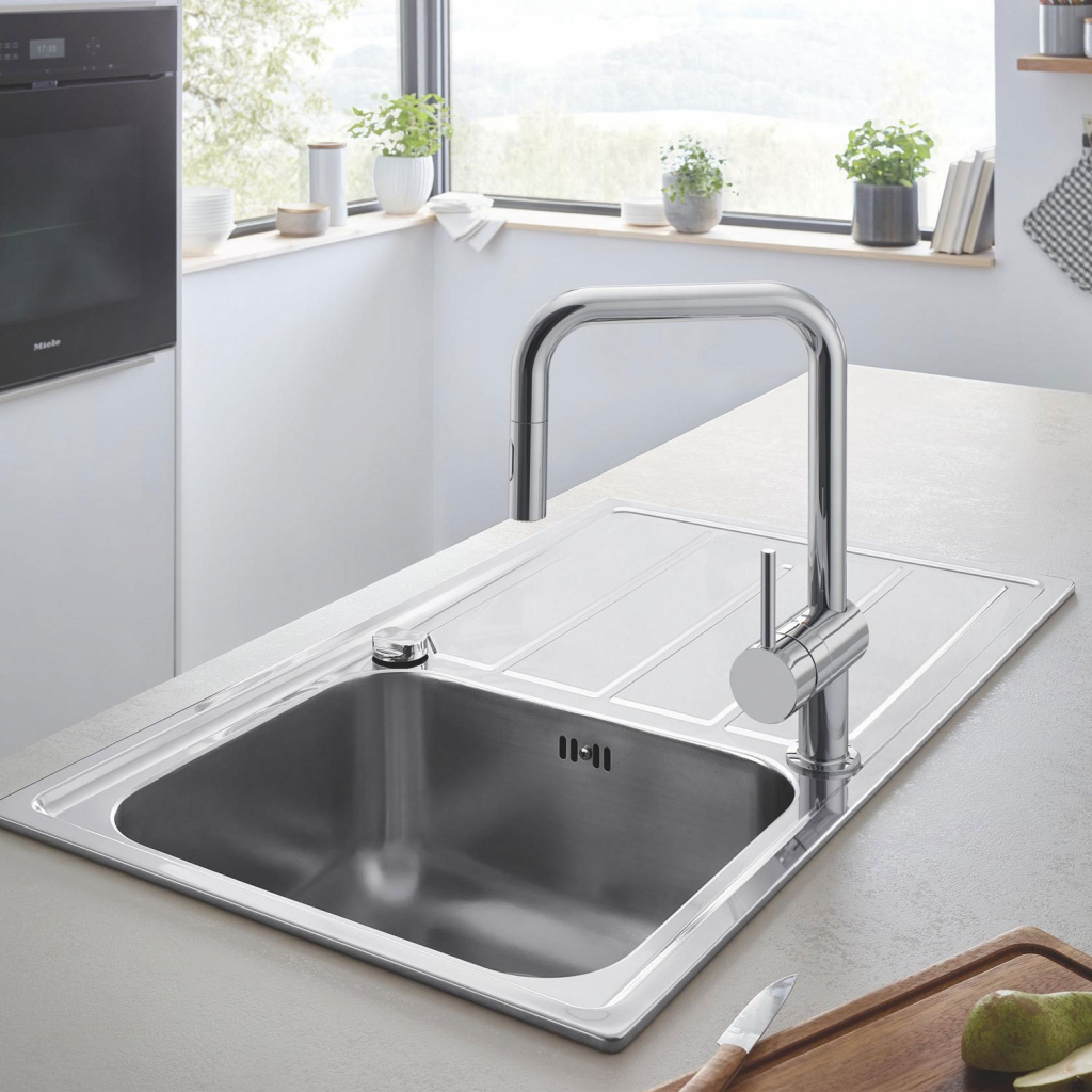 Grohe Minta with Pull-out Spray Single Lever Swivel U Spout Chrome ...