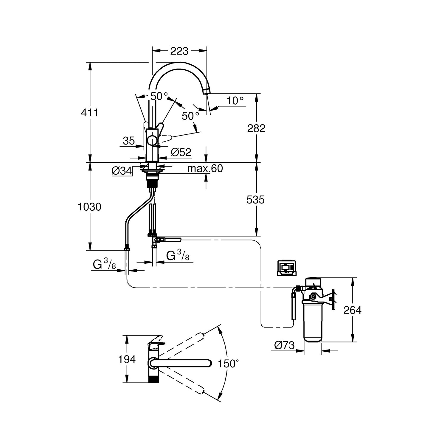 Grohe Blue Pure BauCurve 282 C Spout Kitchen Mixer Tap Starter Kit